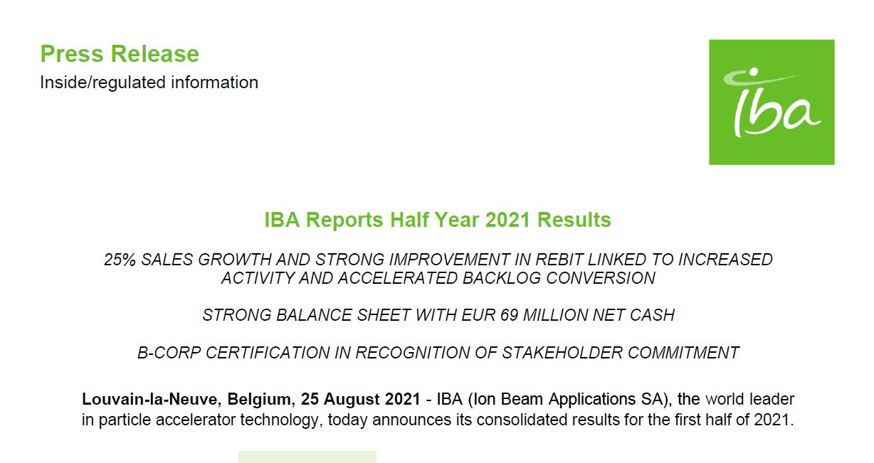 IBA Reports Half Year 2021 Results | IBA - Radio Pharma Solutions